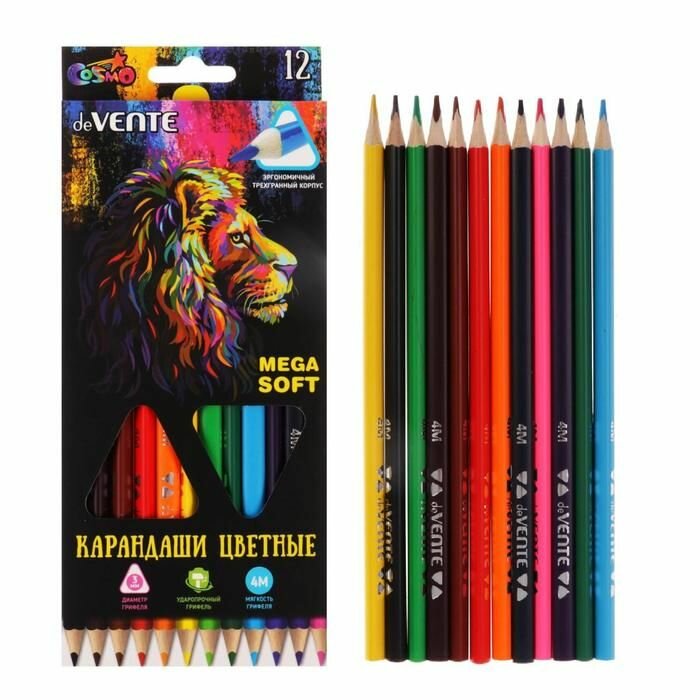 Карандаши цветные deVENTE 12 цветов "Trio Mega Soft" трехгранные, 4М, грифель 3 мм (5022915)