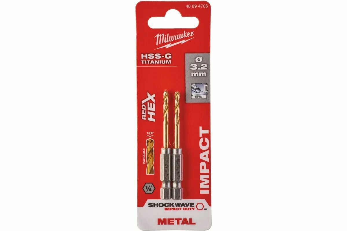 Сверло Milwaukee RedHEX HSS-G TiN по металлу 3.2мм, 2шт, 48894706