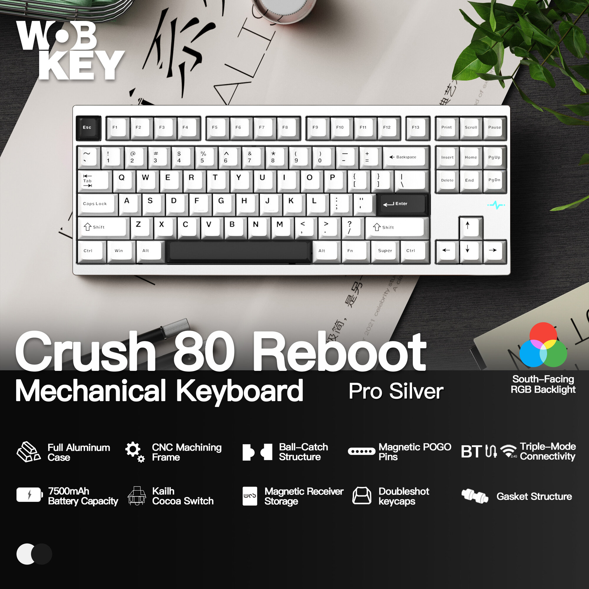 WOBKEY Клавиатура проводная WOBKEY Crush 80 Reboot, Английская раскладка, серебристый