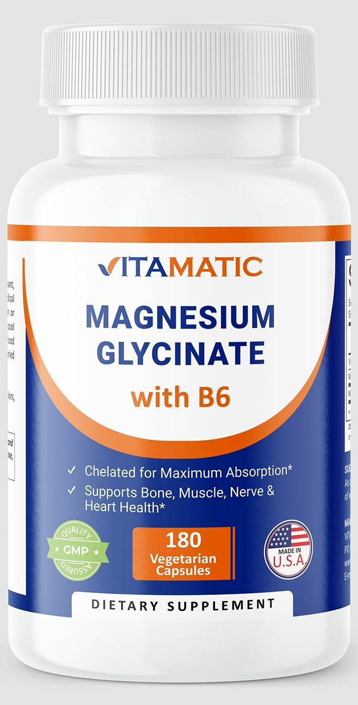 БАД Vitamatic "Магний Глицинат", для сна, для работоспособности, 500mg, 180 капс.