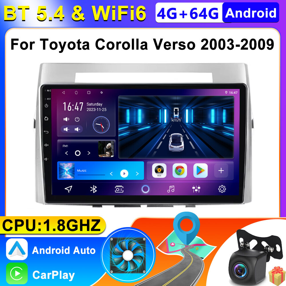 Магнитола 4-64 Гб Android для Toyota Corolla Verso 2004-2009 / Автомагнитола Андроид Тойота Королла Версо