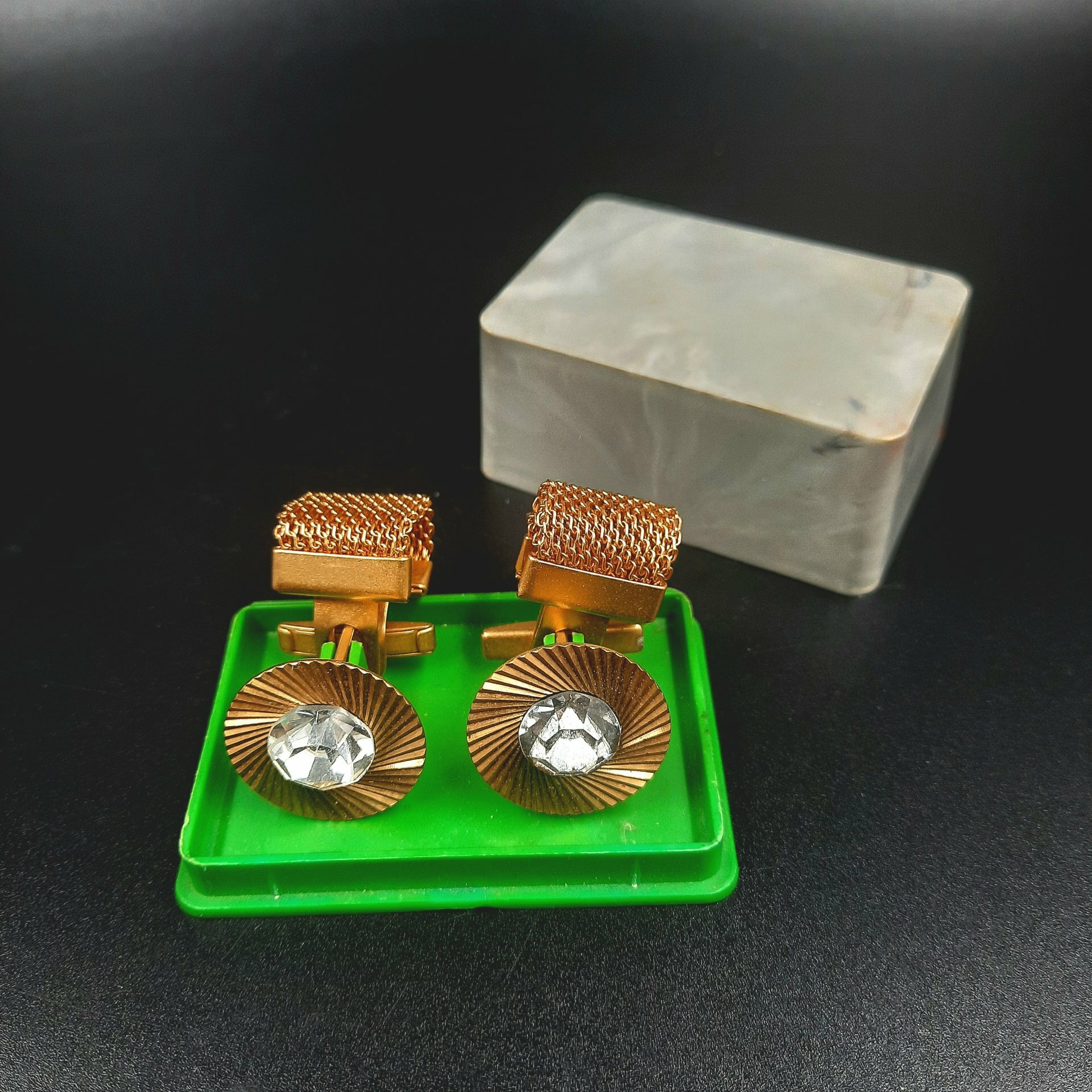 Запонки "Эффект" со стеклянными вставками в футляре, металл, пластик, СССР