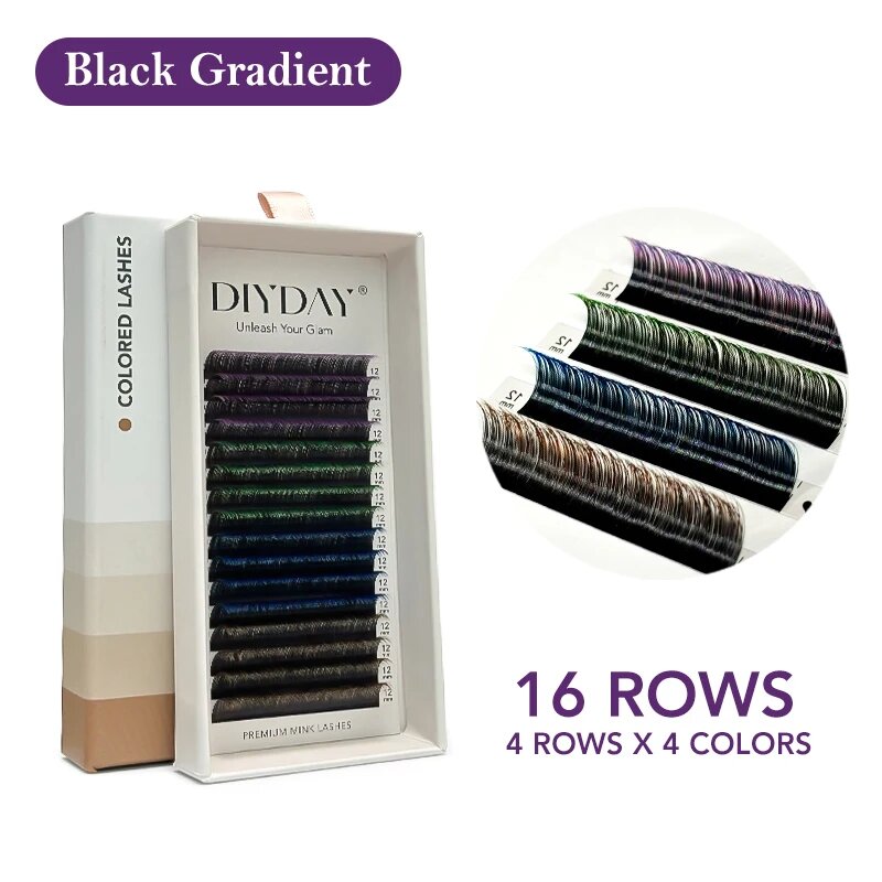 DIYDAY Ресницы C изгиб, 8 мм, Black gradient, 16 рядов