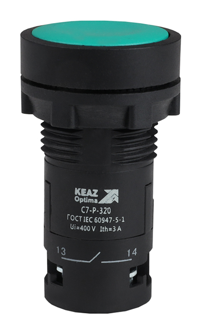 Кнопка управления КЭАЗ OptiSignal Compact D22 C7-P-320, зеленая, 2НО XB7NA33, IP40, 362050 / кнопочный пост