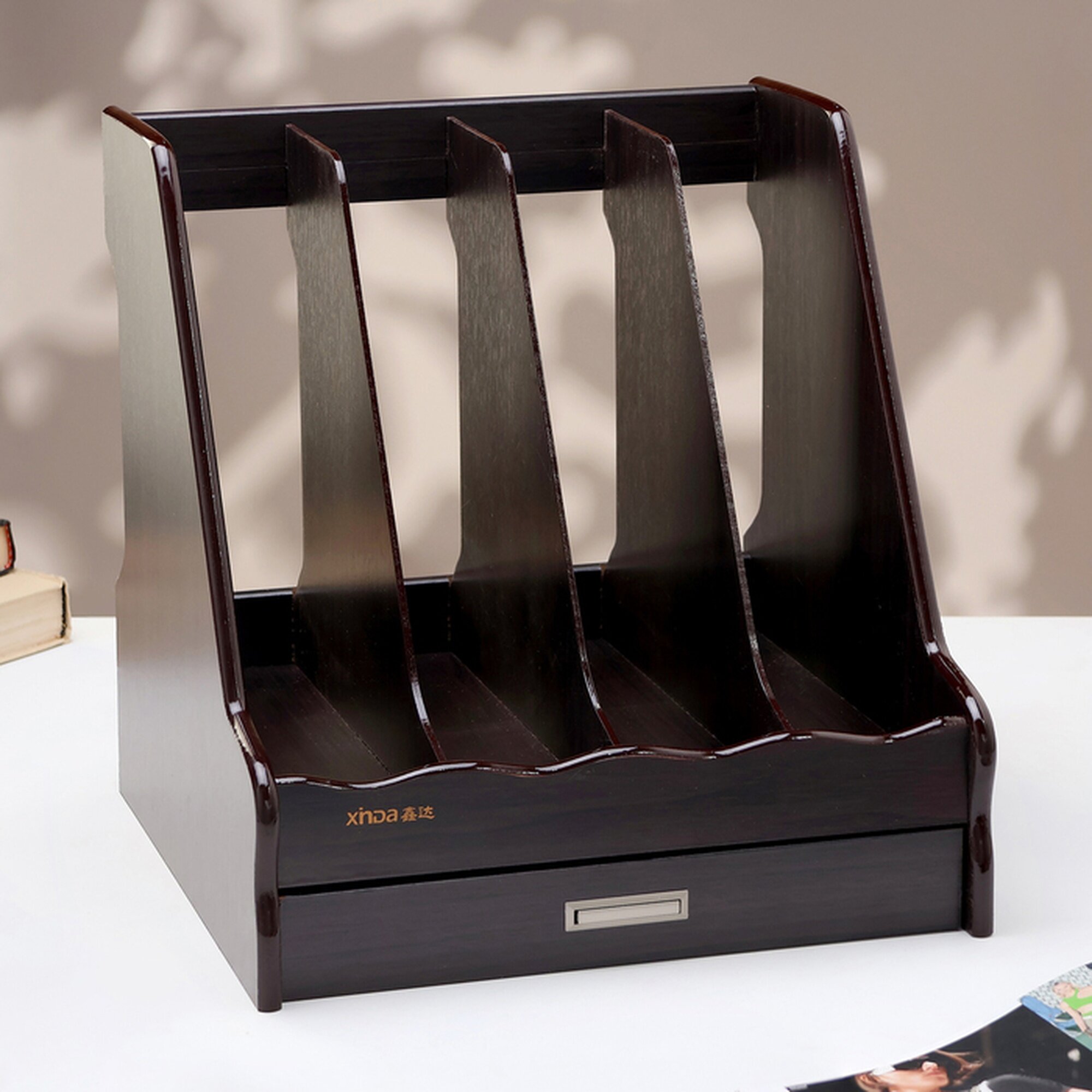 Лоток для бумаг - органайзер, дерево, 4 секции, с выдвижным ящиком, А4, коричневый