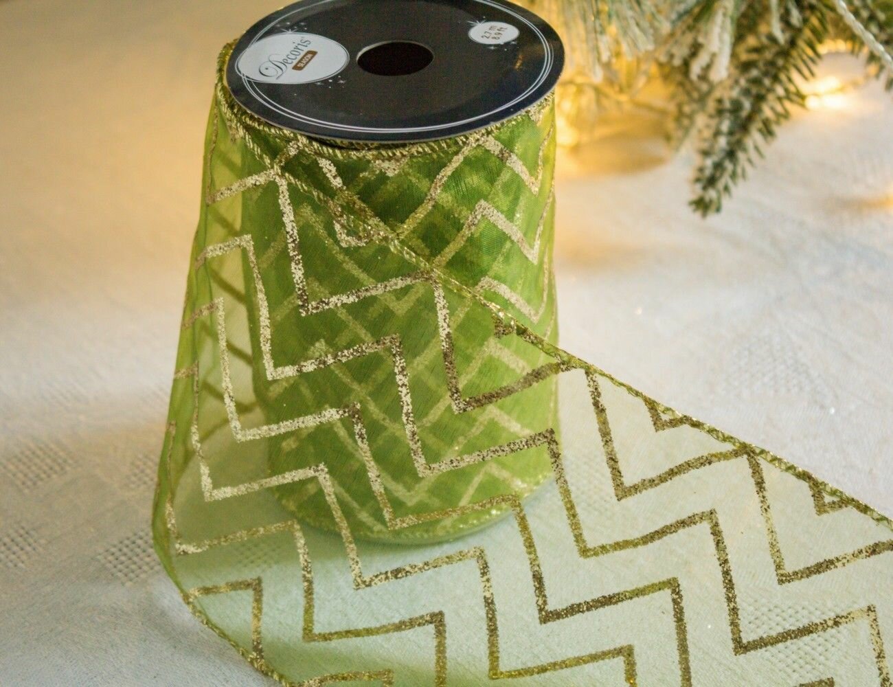 Лента для декорирования изящная, зелёный мох с золотым, 13x270 см, Kaemingk 445324-2