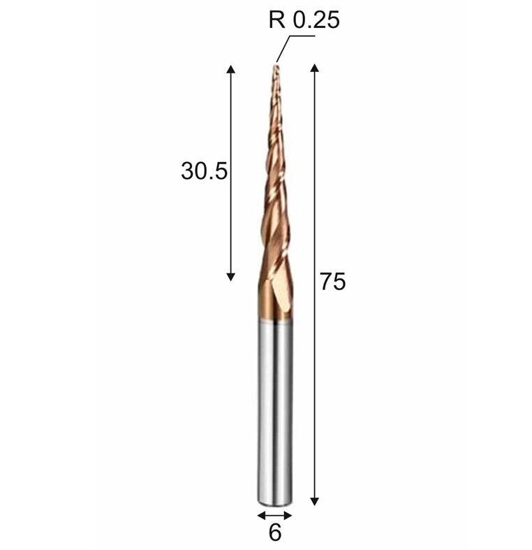 Фреза конусная двухзаходная сферическая для станков с ЧПУ R0.25х30.5х75х6