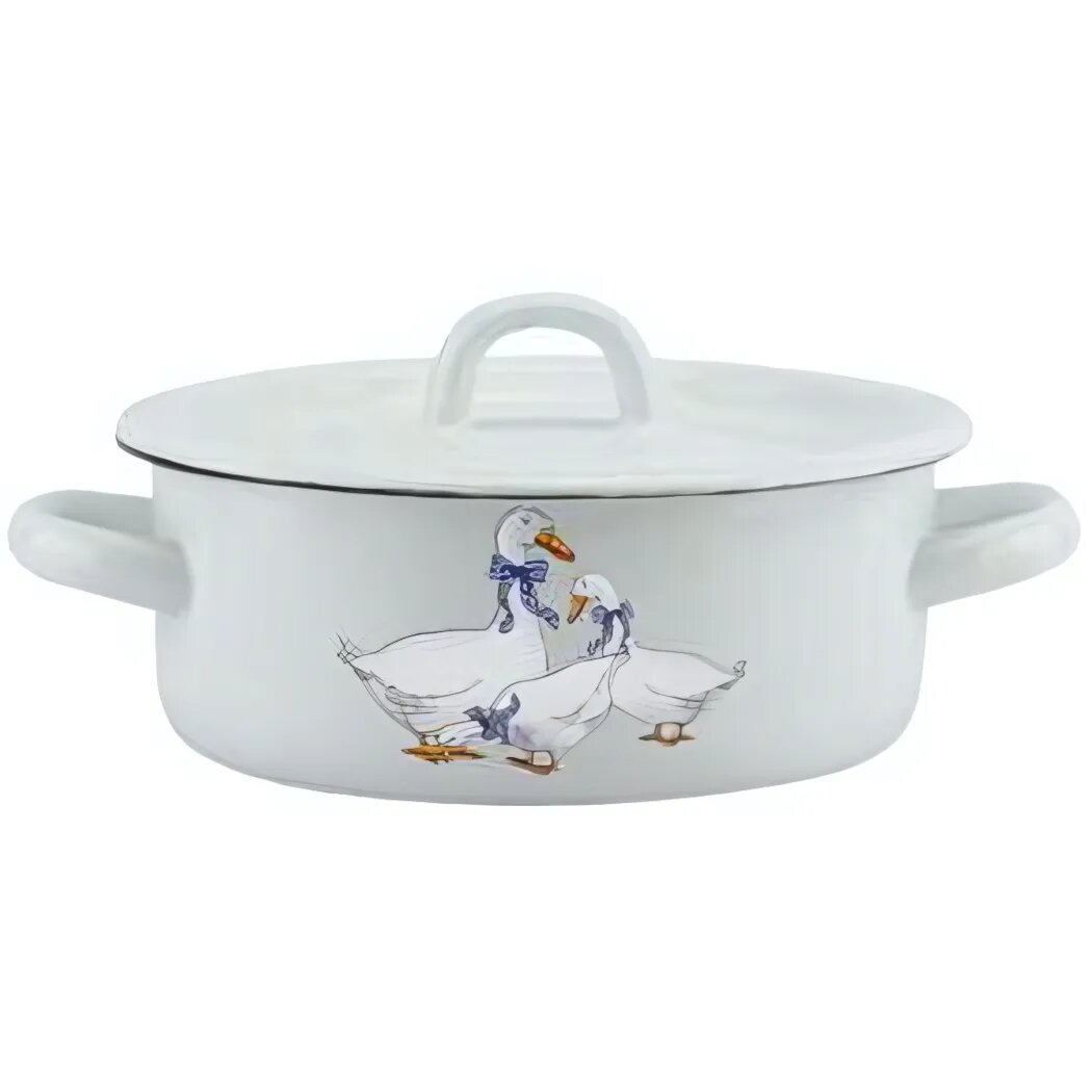 Кастрюля эмалированная 1,5л «Гуси» с крышкой, белая, для плиты, 2 ручки