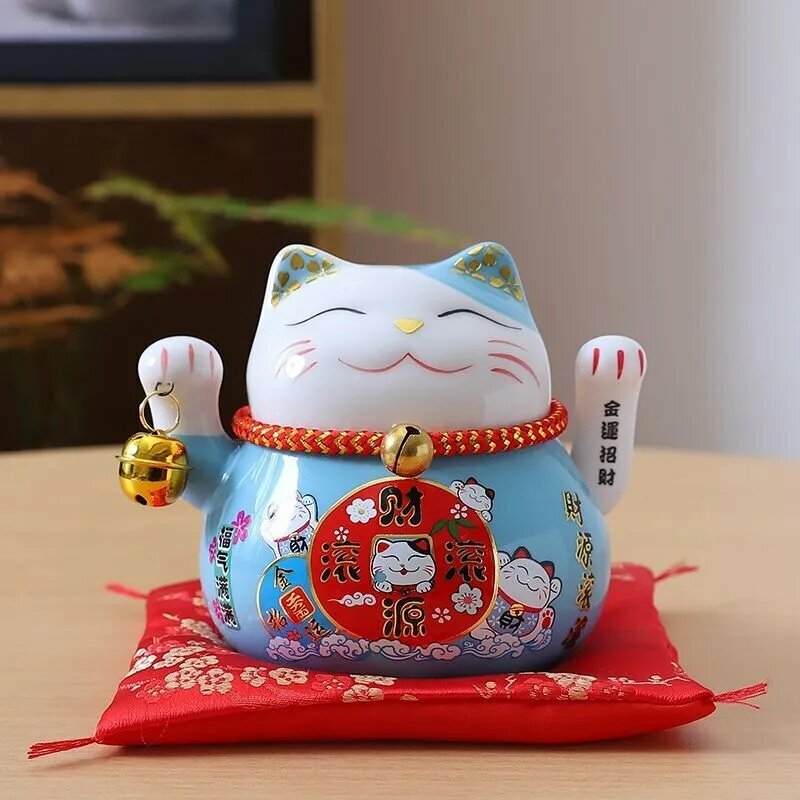 Керамический синий кот-махалка символ притяжения удачи и богатства, 11 см