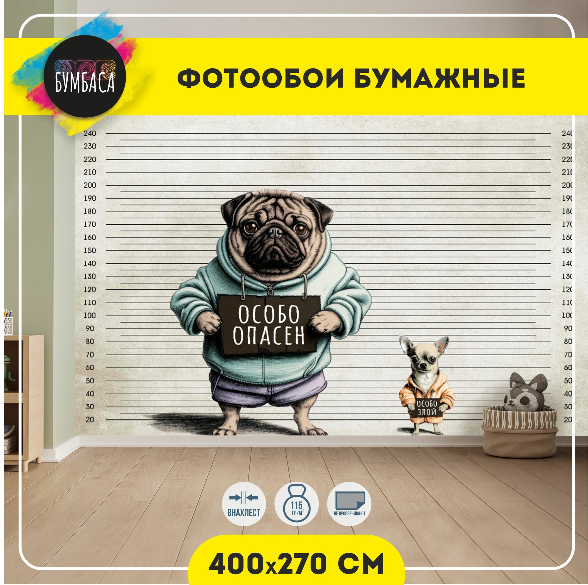 Фотообои бумажные Крутой Мопс и Чихуахуа. Размер 400х270 см. Серия Животные