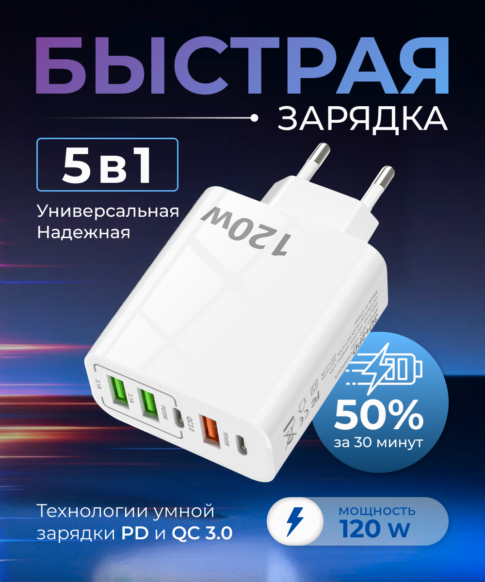 Зарядное устройство для телефона с быстрой зарядкой, многопортовый блок питания 5 в 1, USB Type-C PD 65 Вт PD 20W, белый
