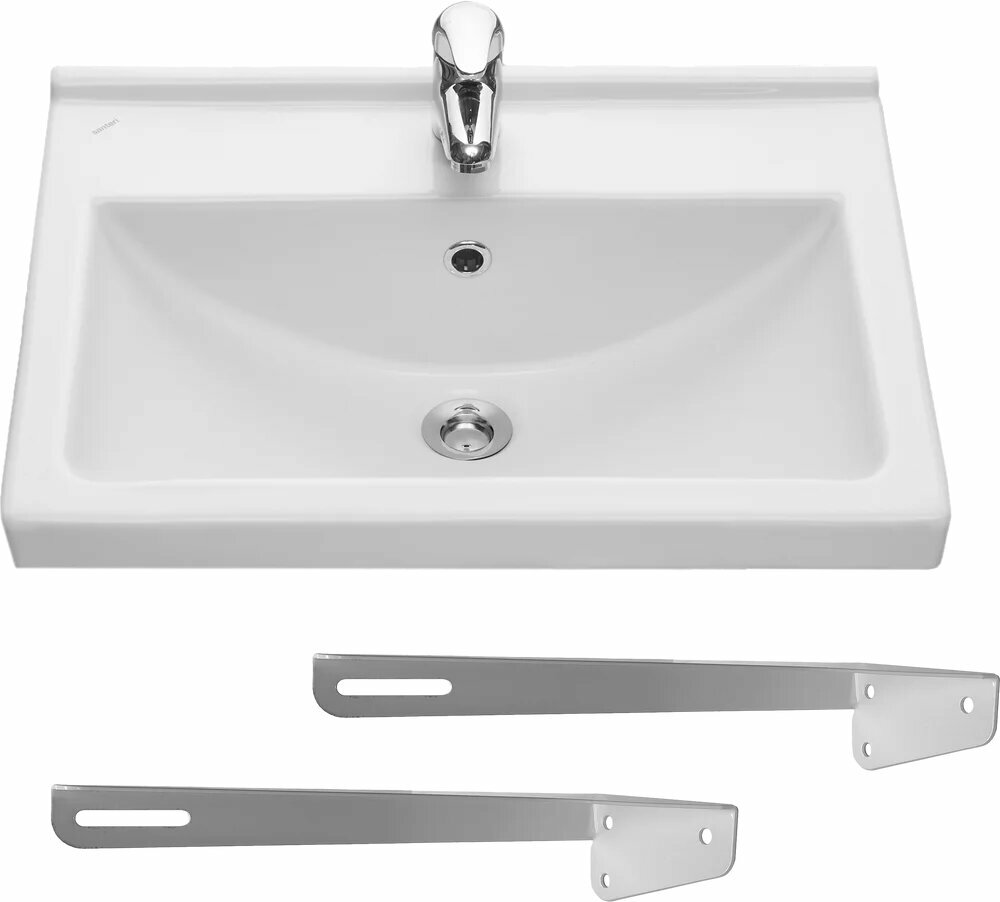 Раковина подвесная Santeri Визит 55 подвесная, 55 см, на кронштейнах, фарфоровая, раковина для ванной, белая, прямоугольная, со сливом-переливом