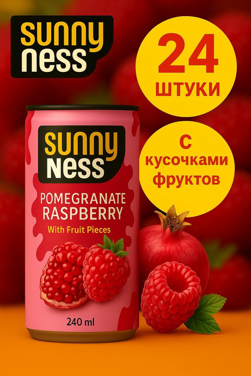 Сокосодержащий напиток Sunny Ness Гранат-малина с кусочками фруктов, 240 мл, 24 шт, Иран