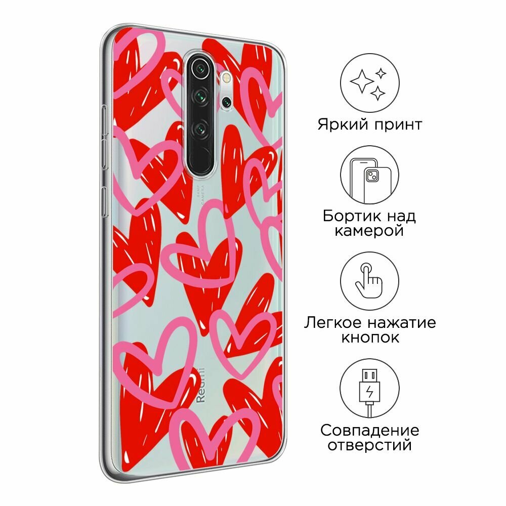 Чехол на Xiaomi Redmi Note 8 Pro / Сяоми Редми Нот 8 Про с принтом "Hearts doodles - 14 февраля", прозрачный — фото 1