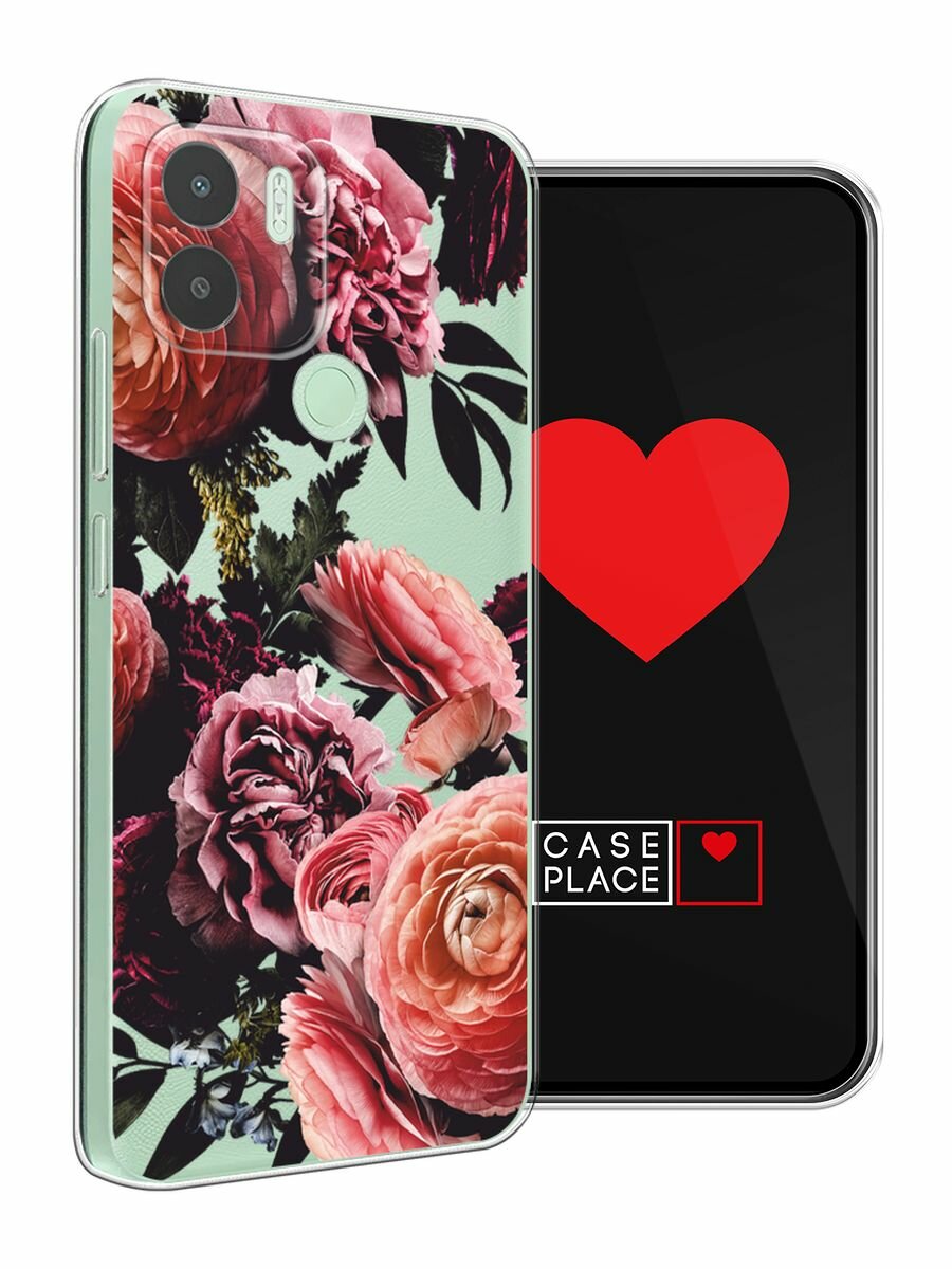 Чехол на Xiaomi Redmi A1+/Redmi A2+/Poco C51/C50 / Редми A1+ с принтом "Бордовые винтажные цветы", прозрачный — фото 1