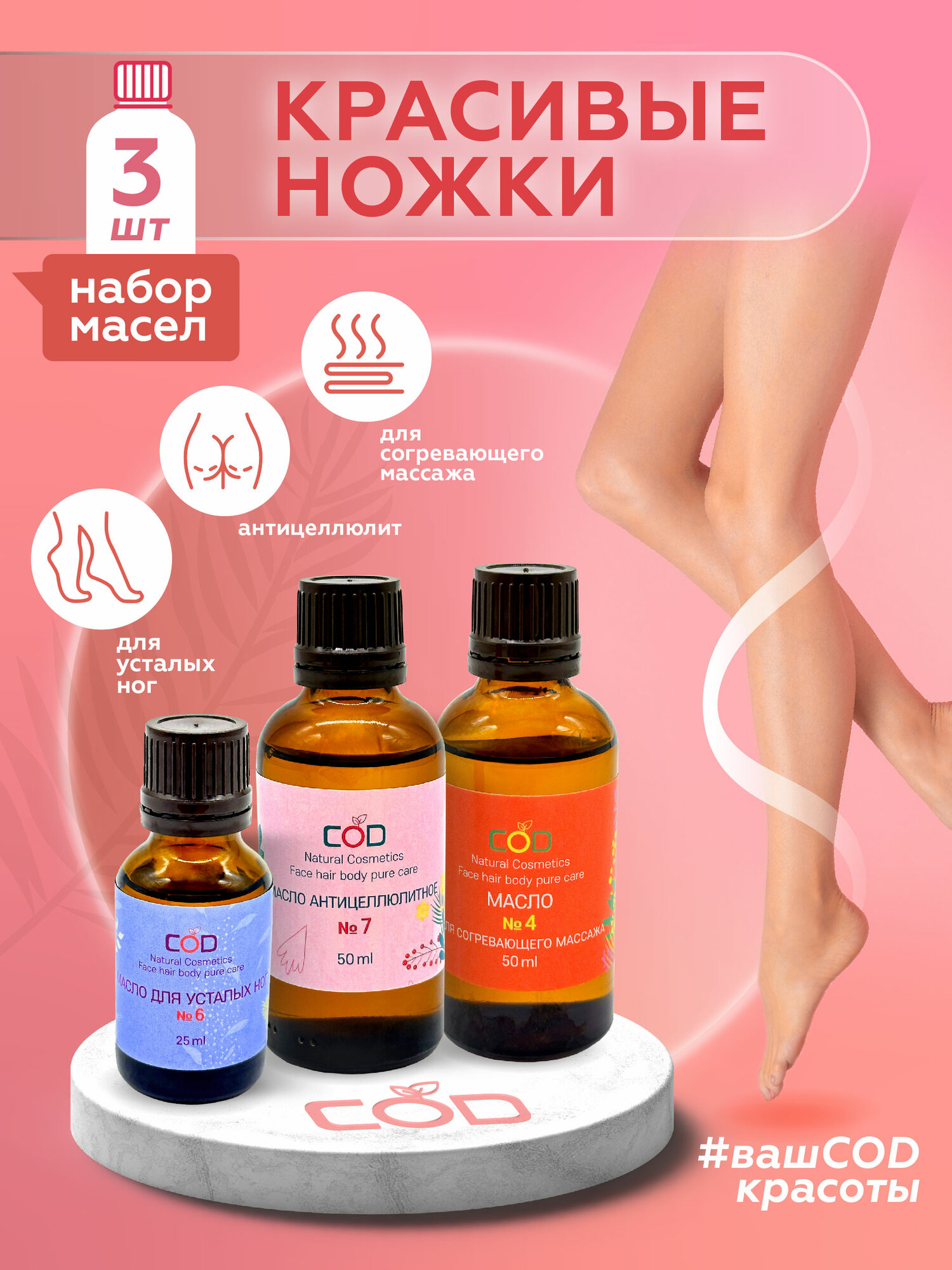 Набор косметических масел для ухода "Красота": масло для ног, антицеллюлитное и разогревающее