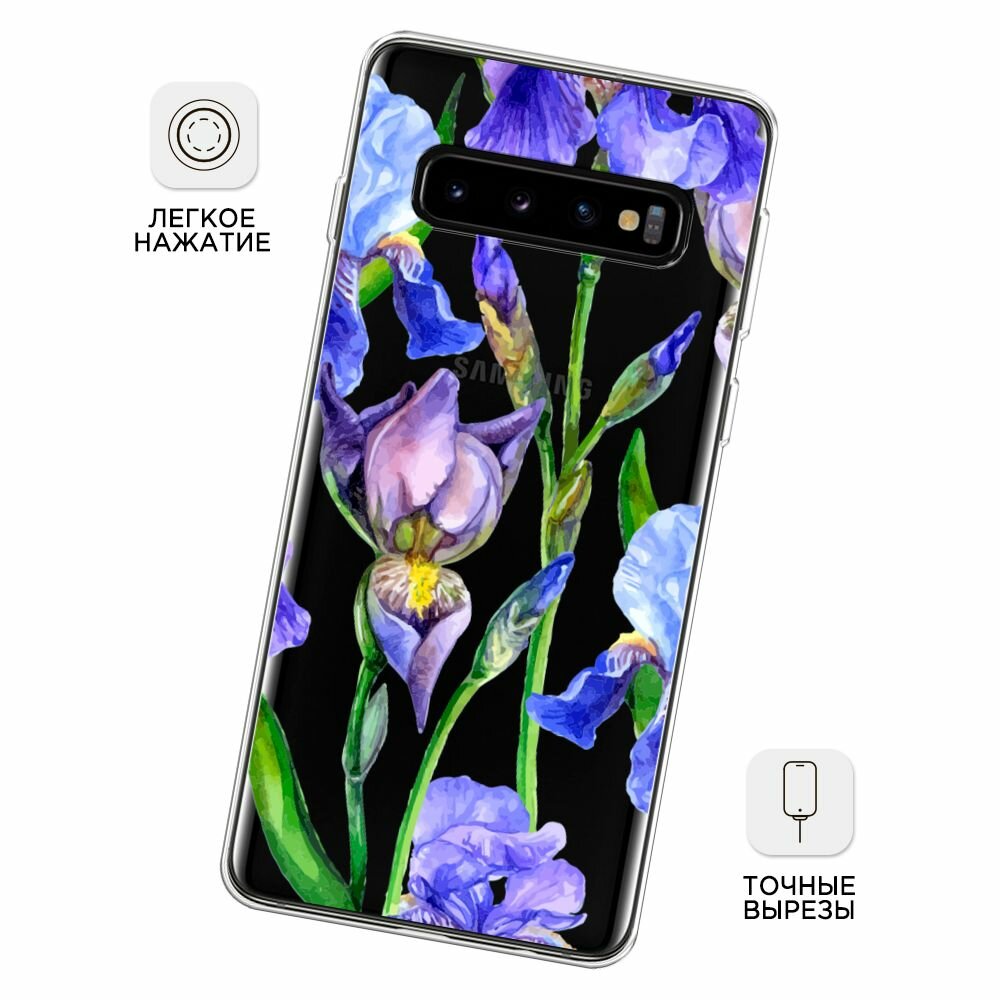Чехол на Samsung Galaxy S10 + / Самсунг Галакси S10 Плюс с принтом "Синие ирисы", прозрачный — фото 1