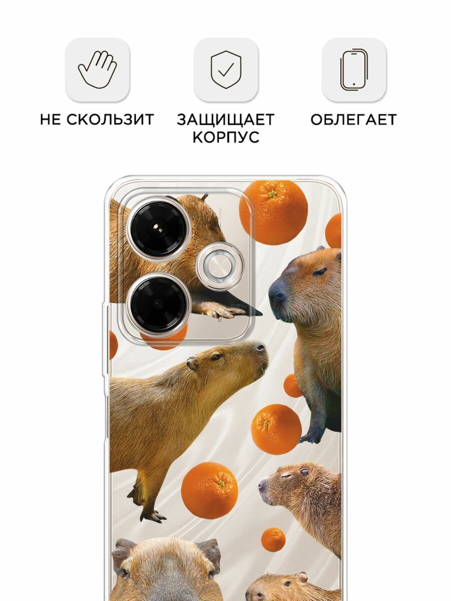 Чехол на Xiaomi Redmi 13X / Сяоми Редми 13X с принтом "Капибара и апельсины", прозрачный — фото 1