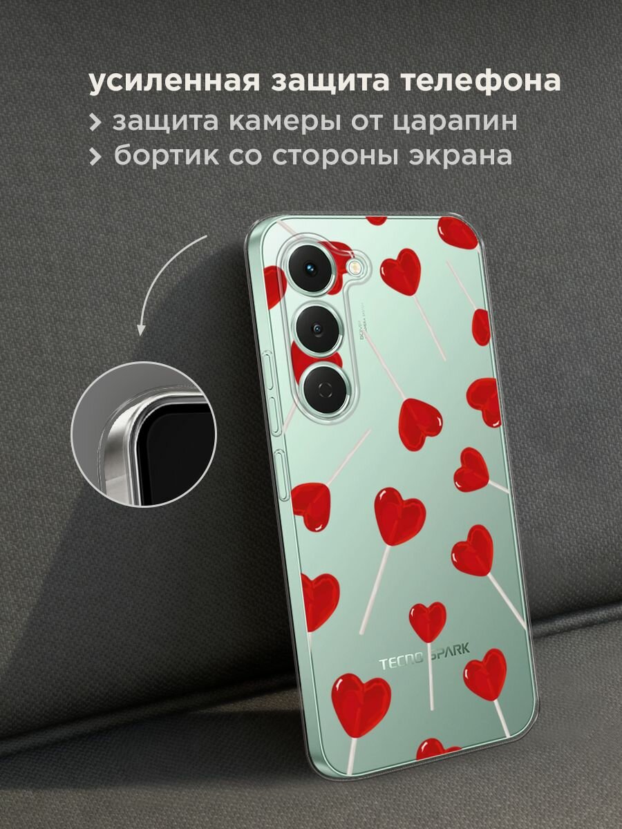 Чехол на Tecno Spark 40 Pro / Текно Спарк 40 Про с принтом "Сердечки-леденцы 2 - 14 февраля", прозрачный — фото 1