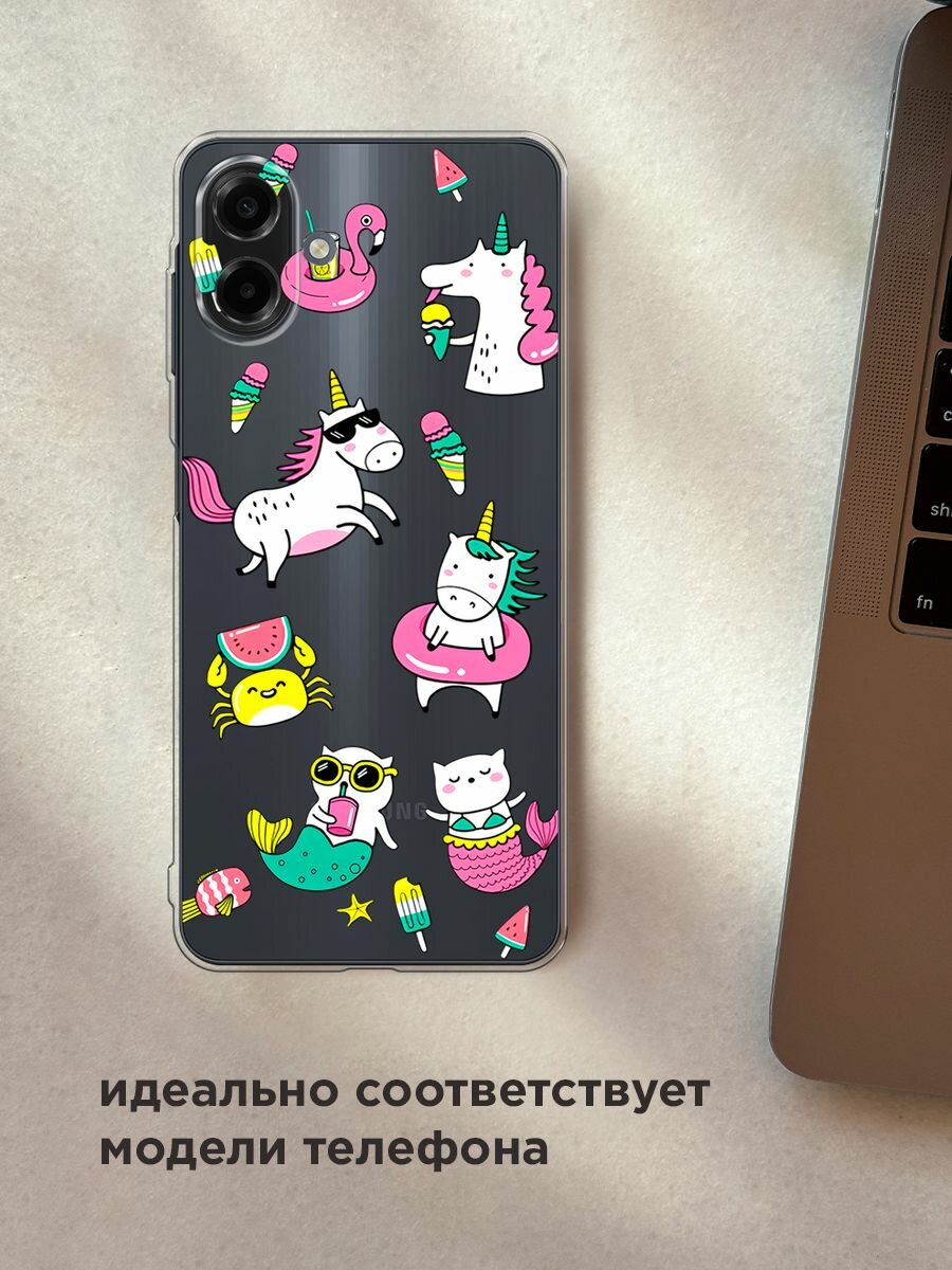 Чехол на Samsung Galaxy A07 / Самсунг А07 с принтом "Единороги в отпуске", прозрачный — фото 1
