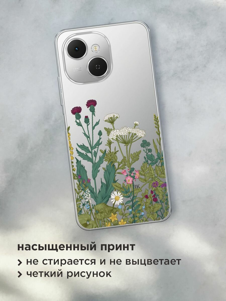 Чехол на Tecno Spark 40C / Текно Спарк 40C с принтом "Дикие полевые цветы", прозрачный — фото 1