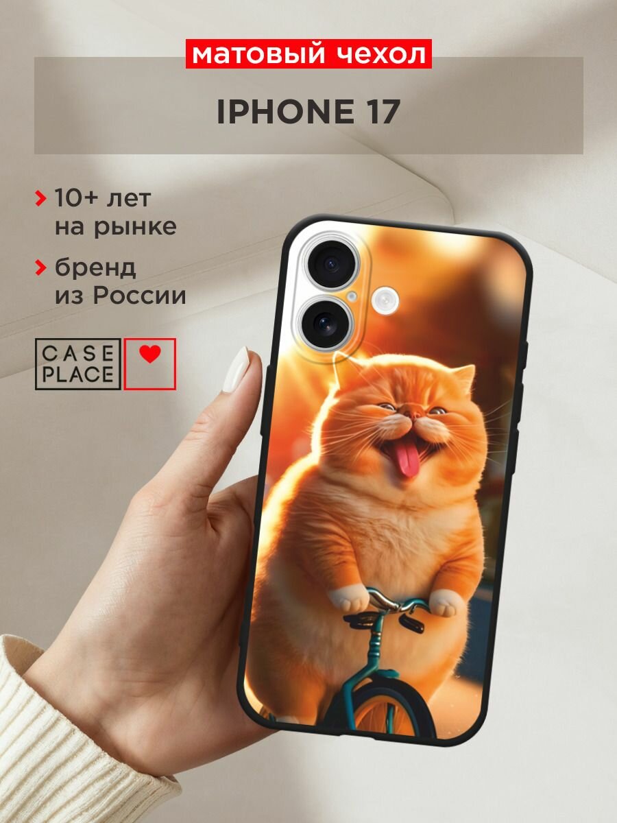 Черный матовый чехол на Apple iPhone 17 / Айфон 17 с принтом "Кот на велике"