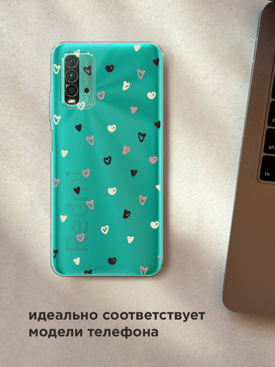 Чехол на Xiaomi Redmi 9T / Сяоми Редми 9Т с принтом "Сердечки паттерн рисунок", прозрачный — фото 1