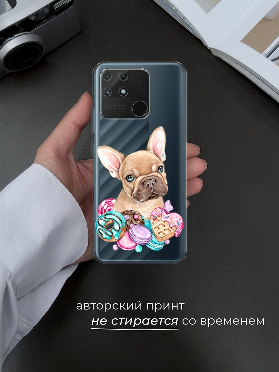 Чехол на Realme Narzo 50A / Реалми Нарзо 50A с принтом "Бульдог и сладости", прозрачный — фото 1