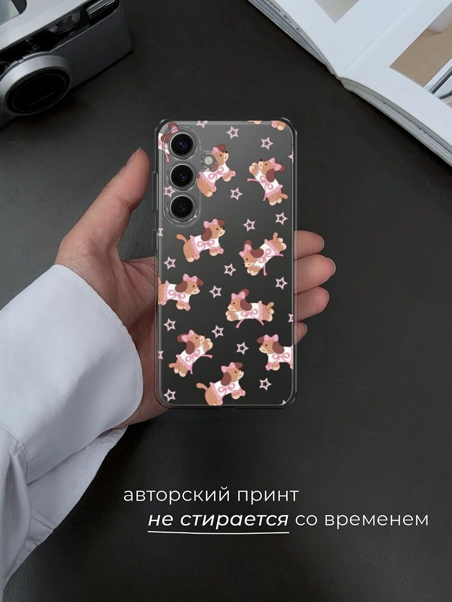Чехол на Samsung Galaxy S25 / Самсунг S25 с принтом "Милый щенок с бантиком", прозрачный — фото 1