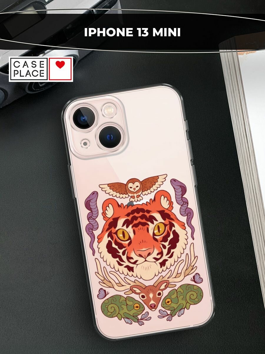 Чехол на Apple iPhone 13 mini / Айфон 13 мини с принтом "Лесные обитатели", прозрачный