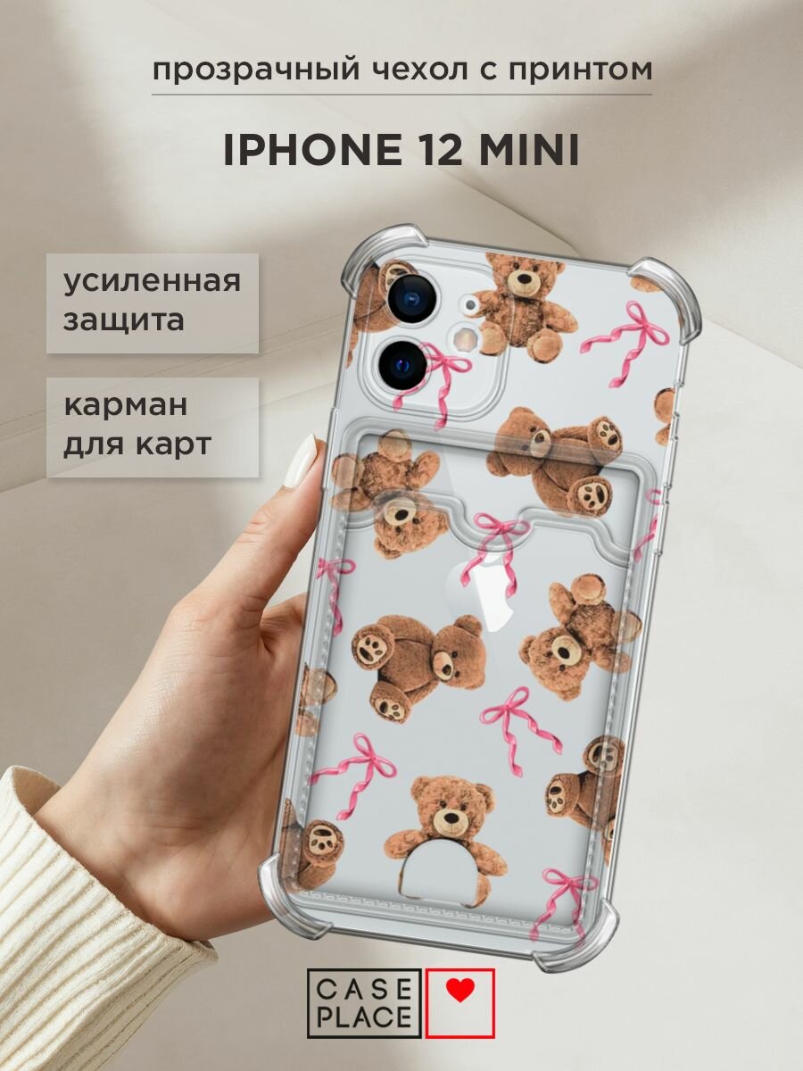 Чехол на Apple iPhone 12 mini (Айфон 12 Мини) с картой и принтом "Мишки и бантики"