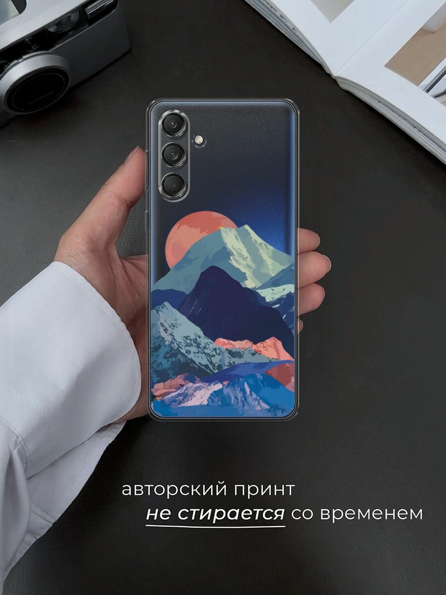 Чехол на Samsung Galaxy M55 / Самсунг M55 с принтом "Закат в снежных горах", прозрачный — фото 1