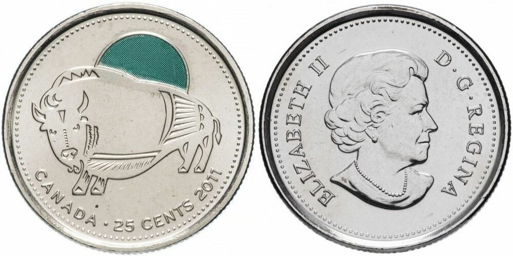 Канада 25 центов, 2011 Природа Канады - Бизон, Цветное покрытие
