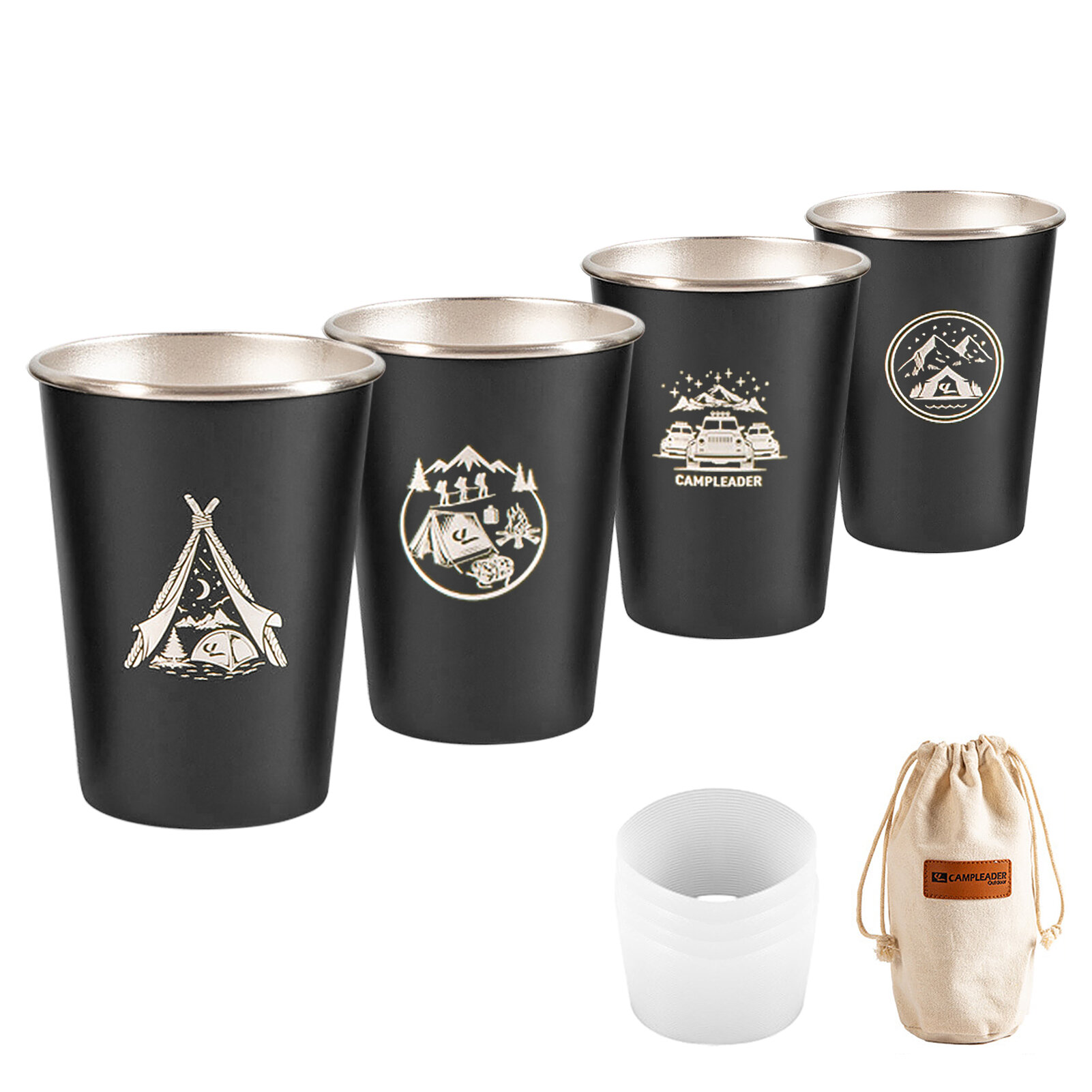 4PCS 350ml Нержавеющие стальные стаканы для воды пива кофе с чехлом для стакана и сумкой для хранения для дома открытом воздухе кемпинга походов пикника барбекю Черный Белый Армейский зеленый