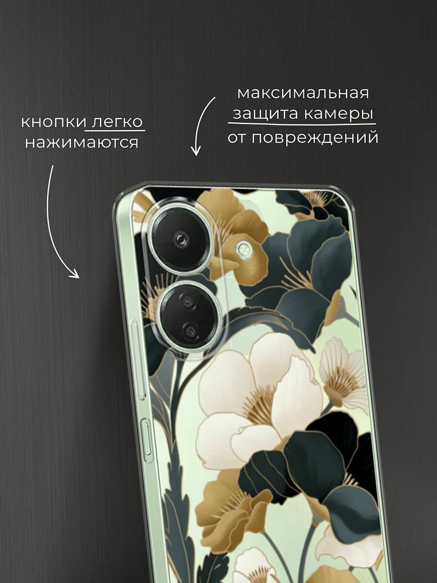 Силиконовый чехол на Xiaomi Redmi 13C/Poco C65 / Сяоми Редми 13C/Поко С65 с принтом Золотые цветы — фото 1