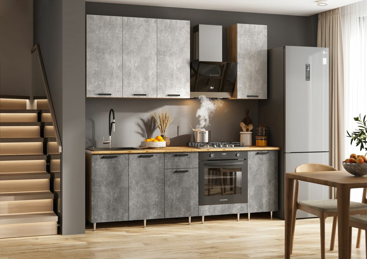 Кухонный гарнитур 2,2м/900 (к.2) Рио NEW бетон светлый/бетон темный, дуб крафт со столешницей, МИФ
