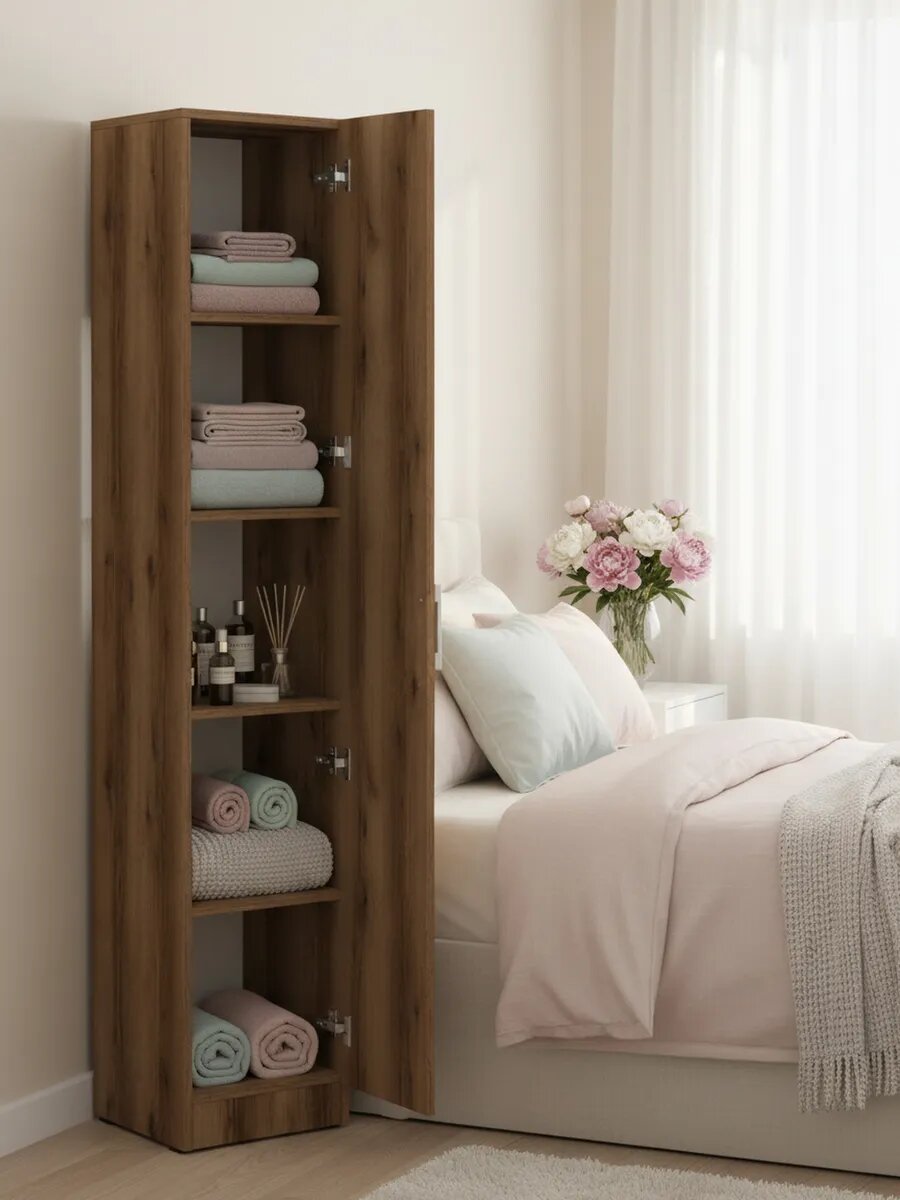 Шкаф пенал FRESTER деревянный в спальню с полками для одежды, от производителя