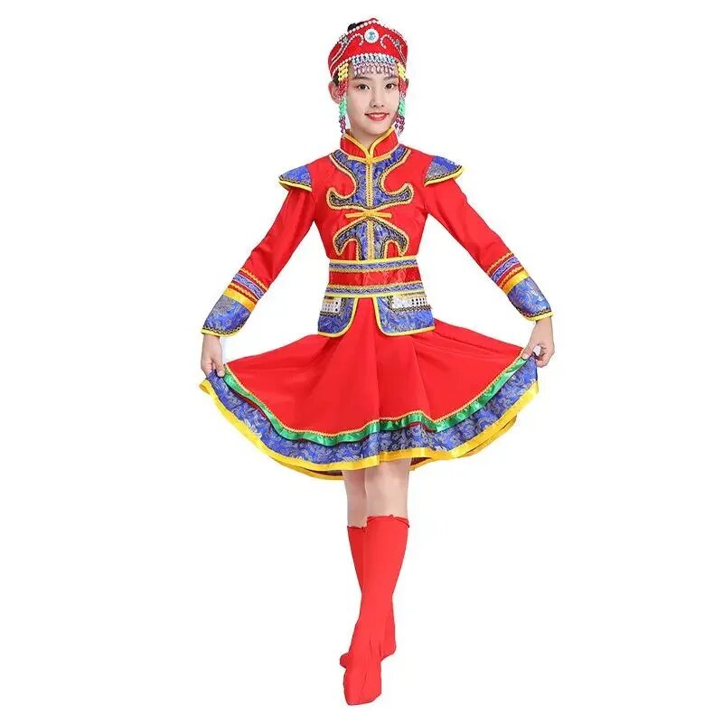 Детский монгольский костюм, розовый красный, полиэстер, хлопок Красный, L Height 130cm, Girl Red 1