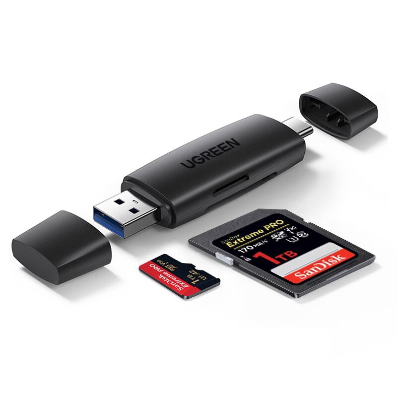 USB-считыватели карт UGREEN 80191-dual interface-dual card, deep black, поддержка TF/SD карт