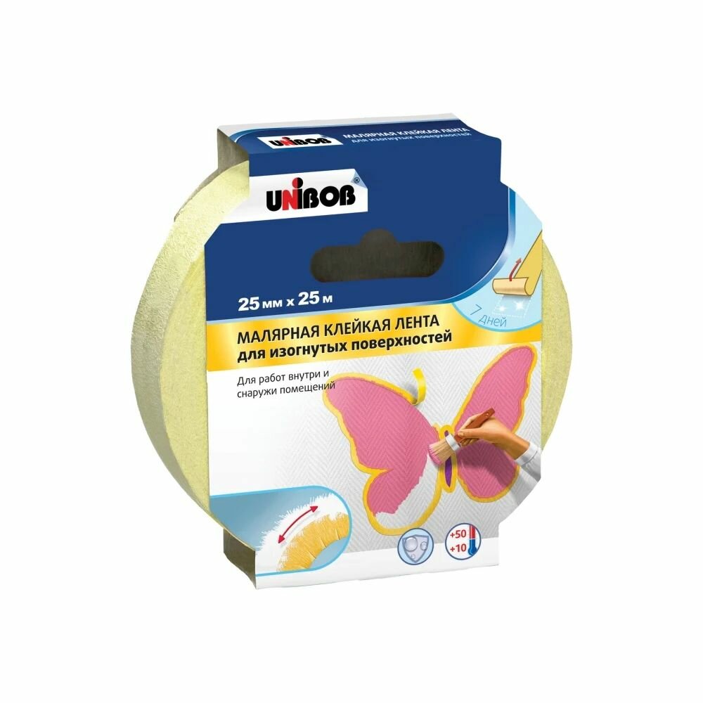 Малярная лента UNIBOB Профи 25 мм х 25 м, для изогнутых поверхностей, желтый 211736