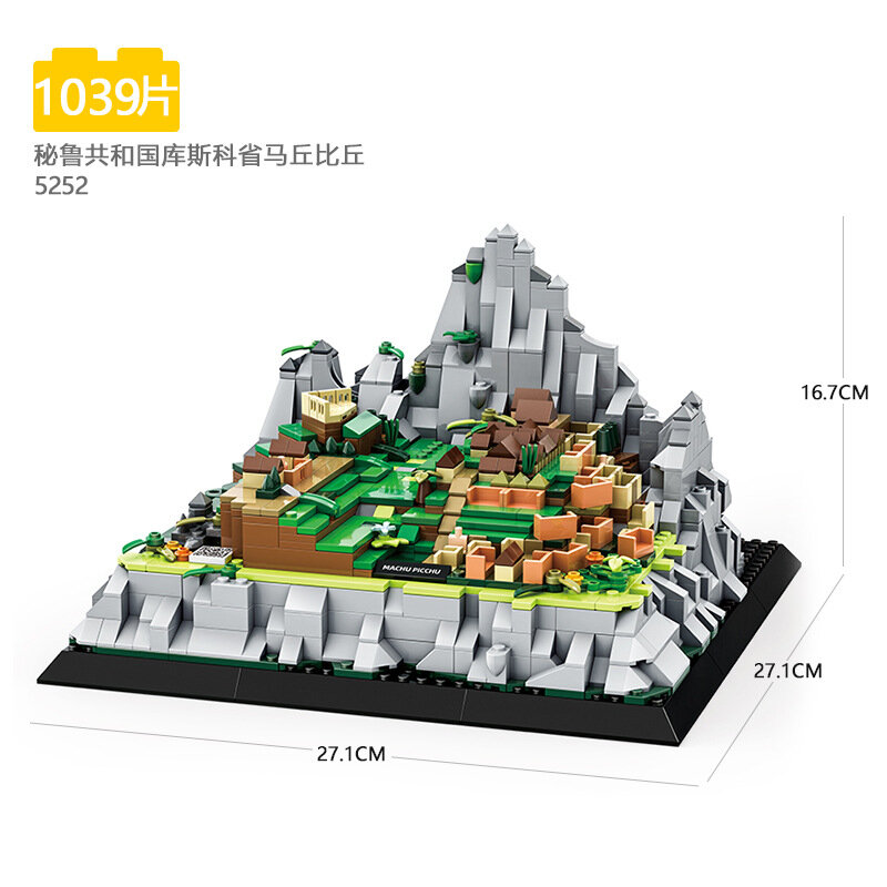 В комплект входят строительные блоки для сборки всемирно известных зданий, включая Храм Неба, Желтую журавльную башню и башню Юэян, а также гирлянда из светодиодных лампочек.