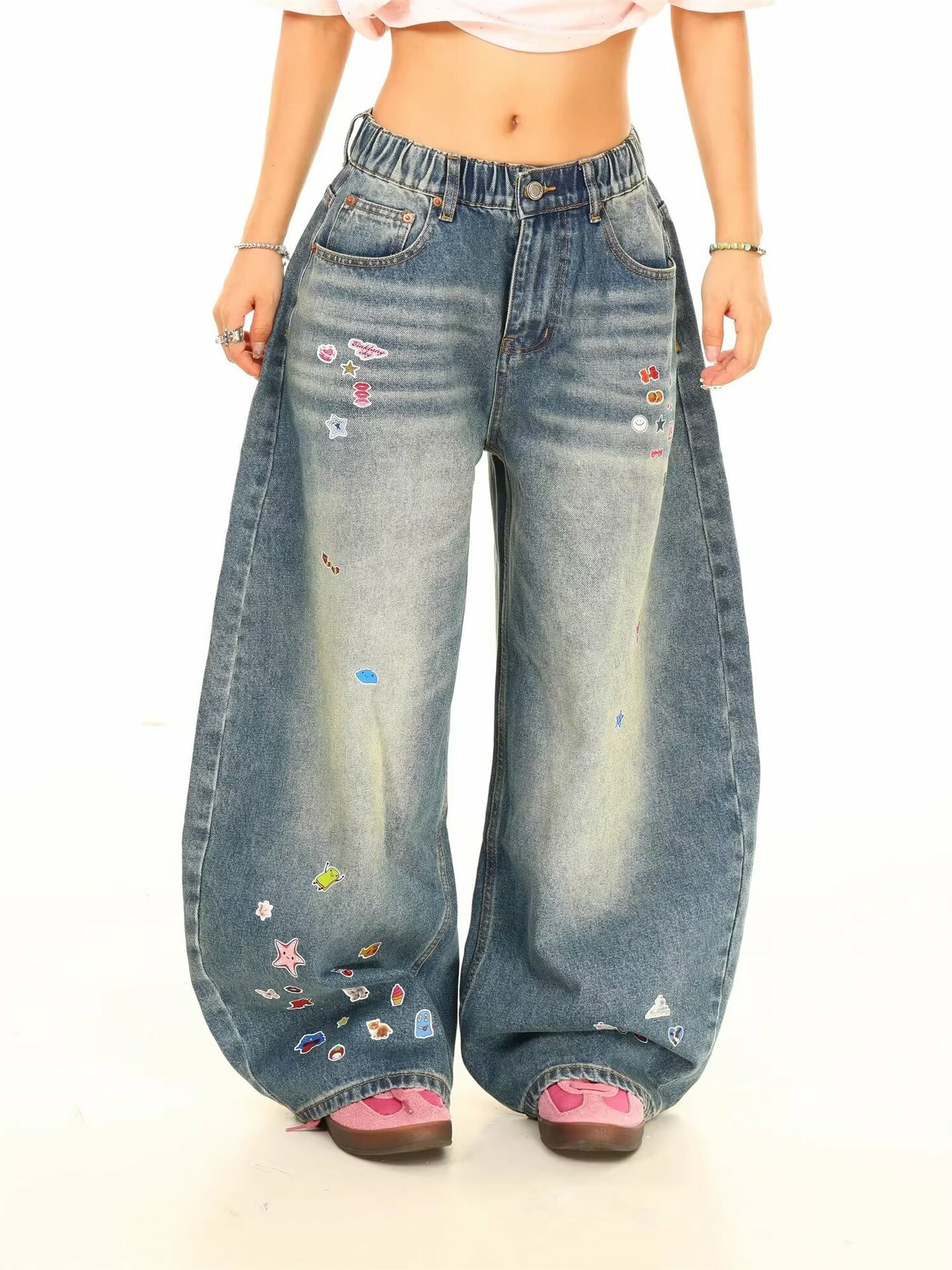 JYL Джинсы Женские Карго Винтажные Большие Карманы Стильные Деним, Размер_S