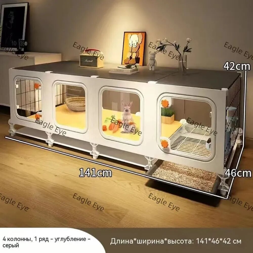 Клетка для животных для кроликов, 141x46x42 см, светло-серый, с выдвижным поддоном