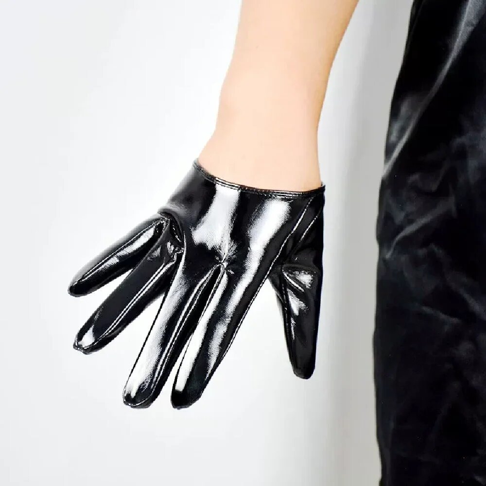 Длинные кожаные перчатки 70 см, короткие женские модные черные блестящие Черный, 13cm shiny black