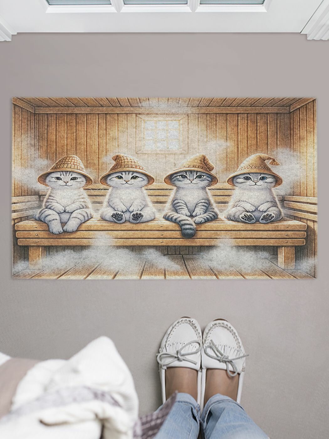 Коврик придверный в прихожую с принтом "Коты в бане" 45 на 75 см , JoyArty