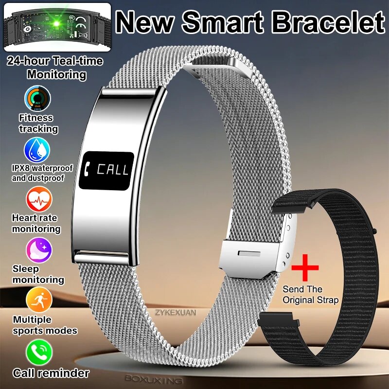 Smart Bracelet IPX8 Heart Rate Monitor Men Women Серый, Silver Mesh Belt 1