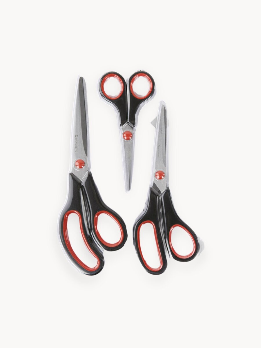 Ножницы канцелярские универсальные для бумаги, картона и рукоделия Brauberg Набор 3 штуки (140, 190, 230 мм), черно-красные ручки, выгодная упаковка, 238168
