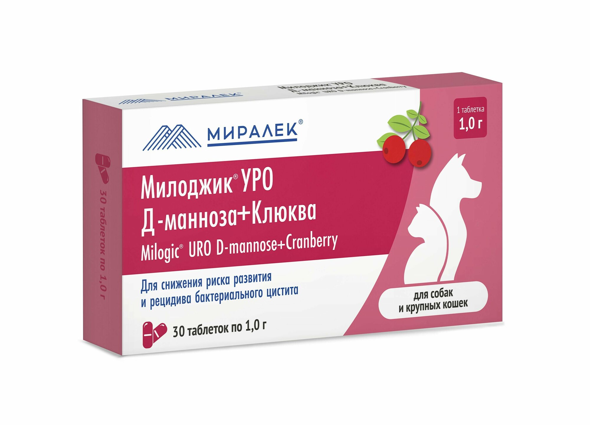 Функциональное лакомство Милоджик Уро Д-манноза+клюква для собак и крупных кошек, 30 таблеток