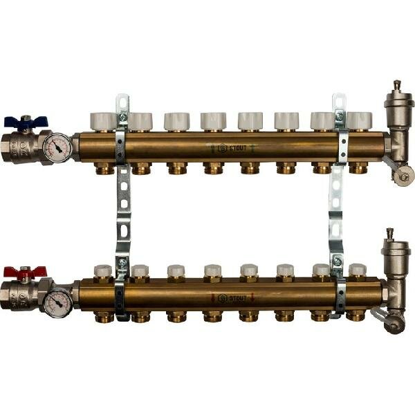 Распределительный коллектор из латуни без расходомеров STOUT 9 выходов SMB 0468 000009
