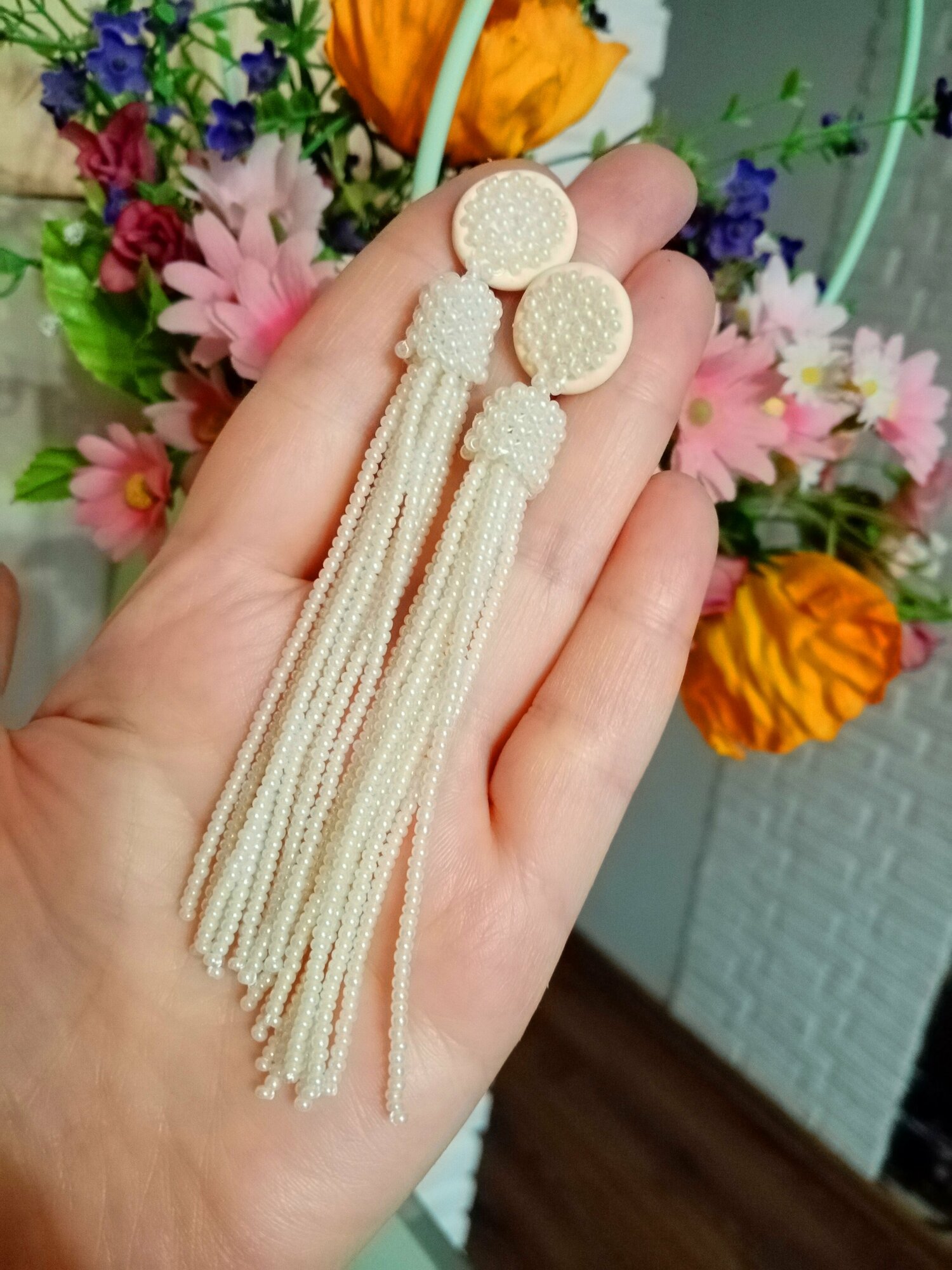 Серьги двусторонние, клипсы, бисер